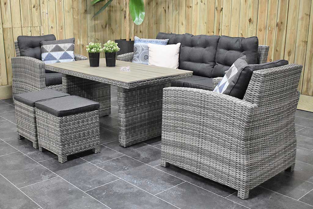 Dakota Dining Lounge Set 3er mit Polywood Esstisch und 2 Hocker hellgrau meliert WINTERANGEBOT